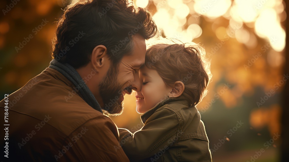 Father, bonding kiss and boy child hug happy in nature with quality ...