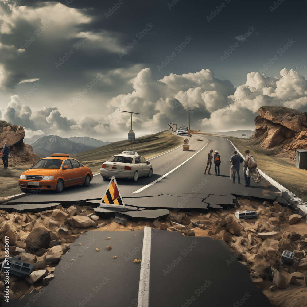 Earthquakes split the earth as cars plow through the pavement ...