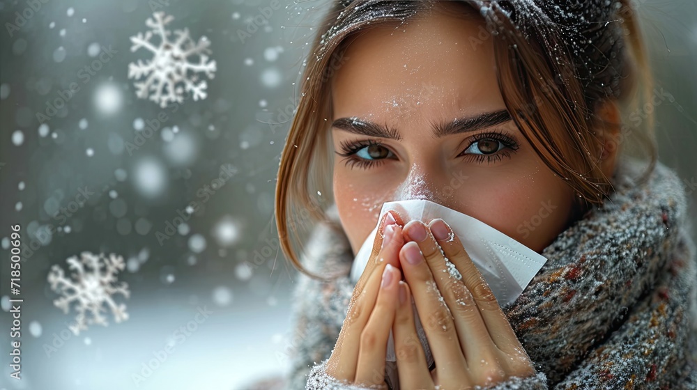 Flu Symptom Relief: Woman Blowing Nose into Tissue, Cold and Flu Care ...