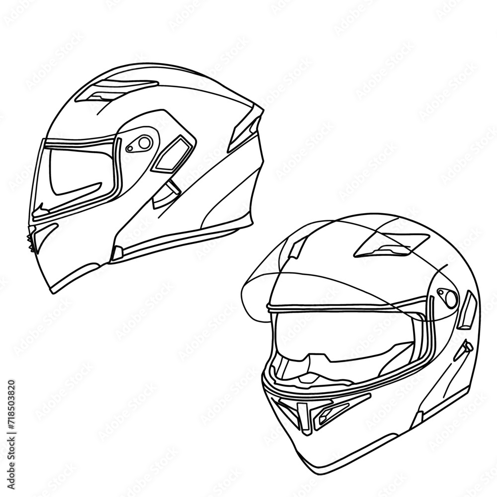 Technical sketch drawing of full face helmet line art, front and side ...