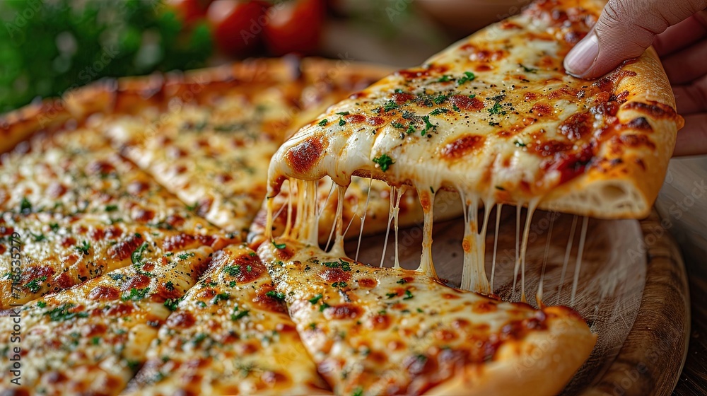 Four cheese pizza with stretchy dripping cheese, mozzarella, parmesan ...