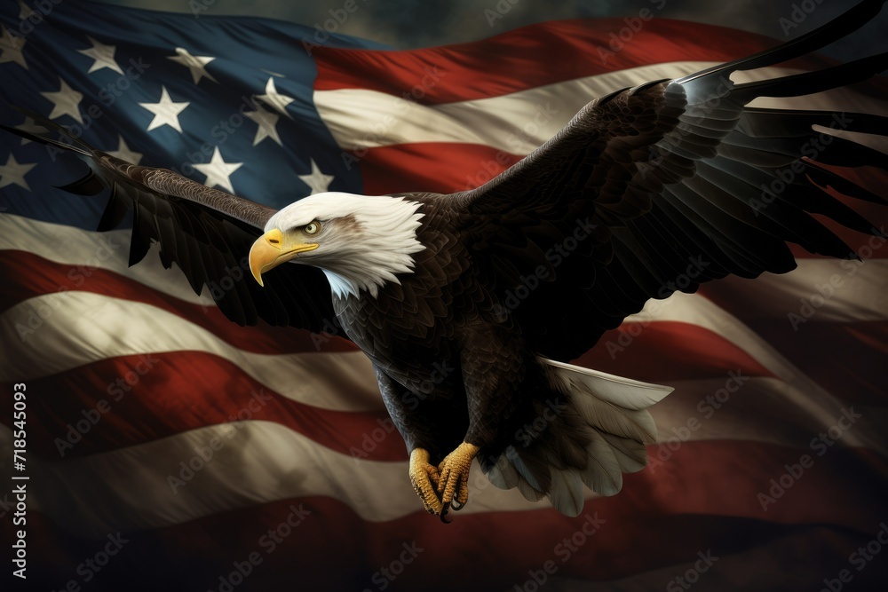 eagle flying in the sky holding an American flag in its talons, Bald ...