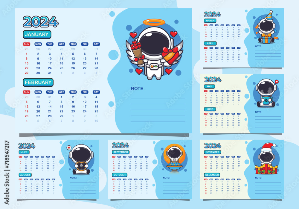 calendar 2024 year with cute astronaut character. Quarter calendar ...