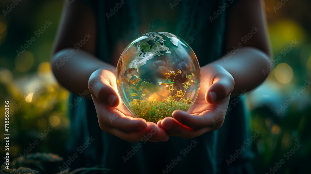 Sustainable development. Hands cradle a fragile Earth, symbolizing ...