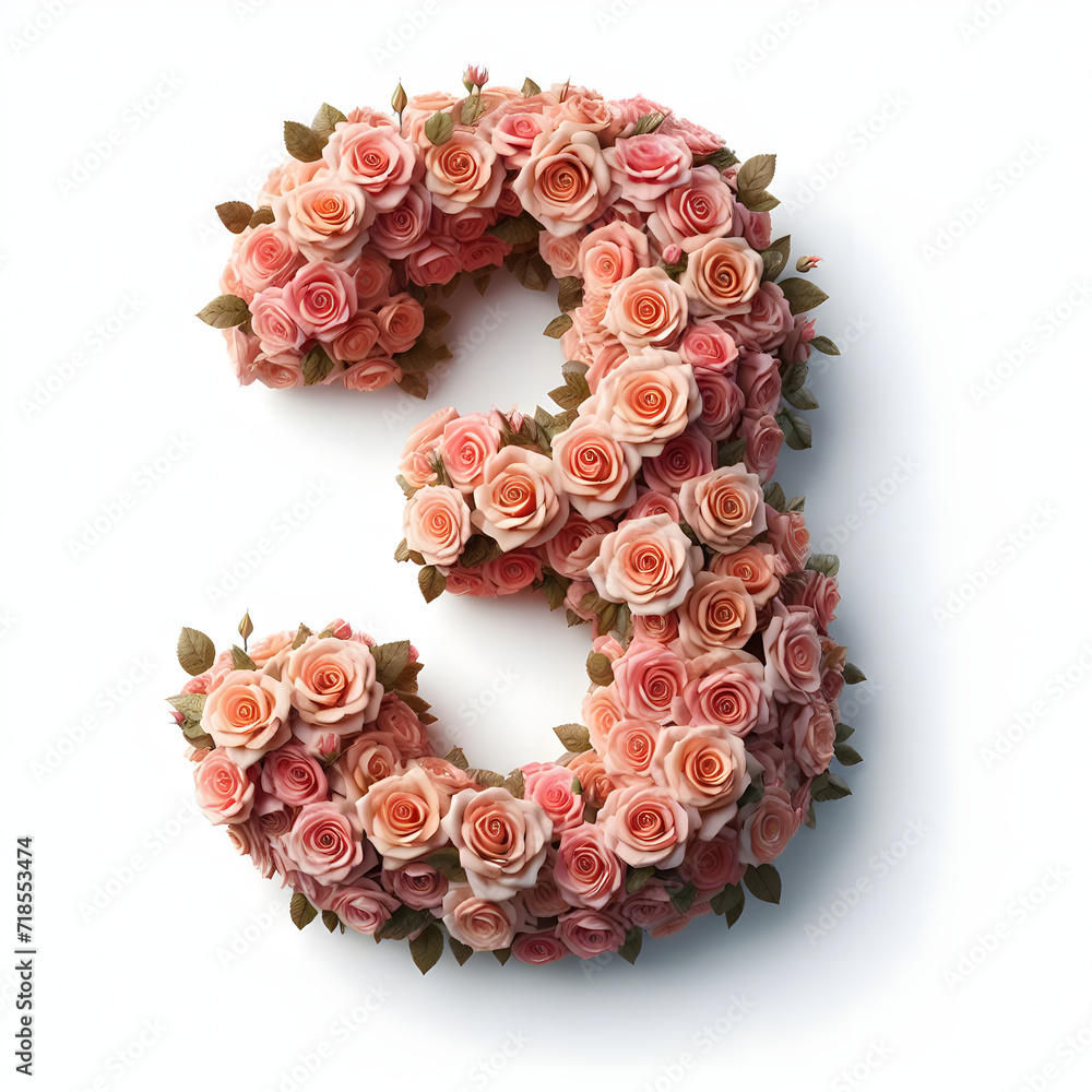 The Number 3 is made out of rose flowers, the Rose Numbers, and ...
