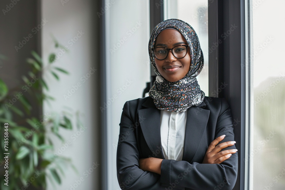 Portrait of young beautiful confident African American muslim business ...