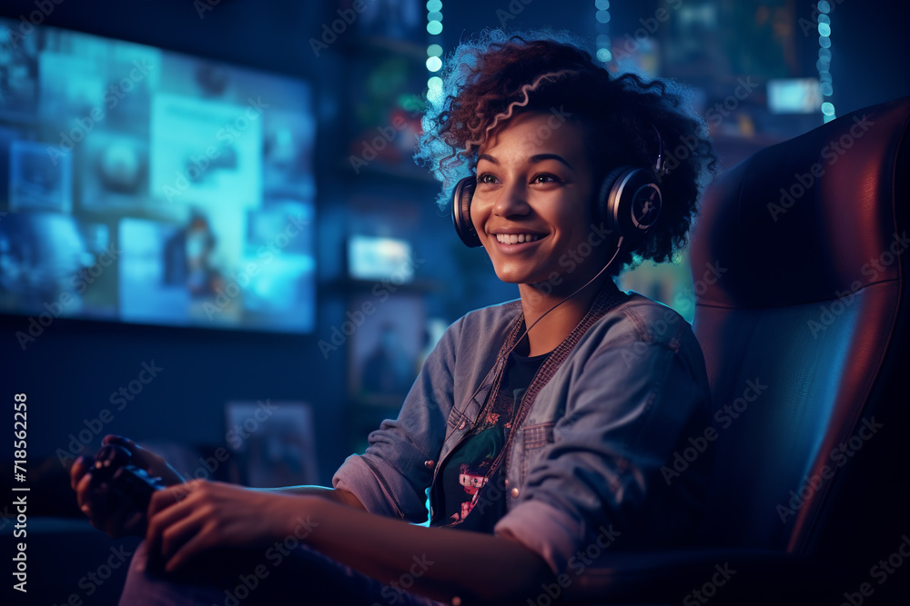 Gamer Girl Smiling and playing video games with his headphones in her ...
