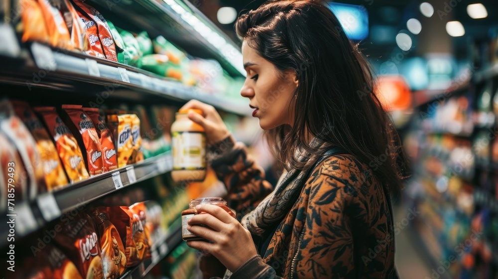 woman comparing products in a grocery store, supermarket, store, retail ...
