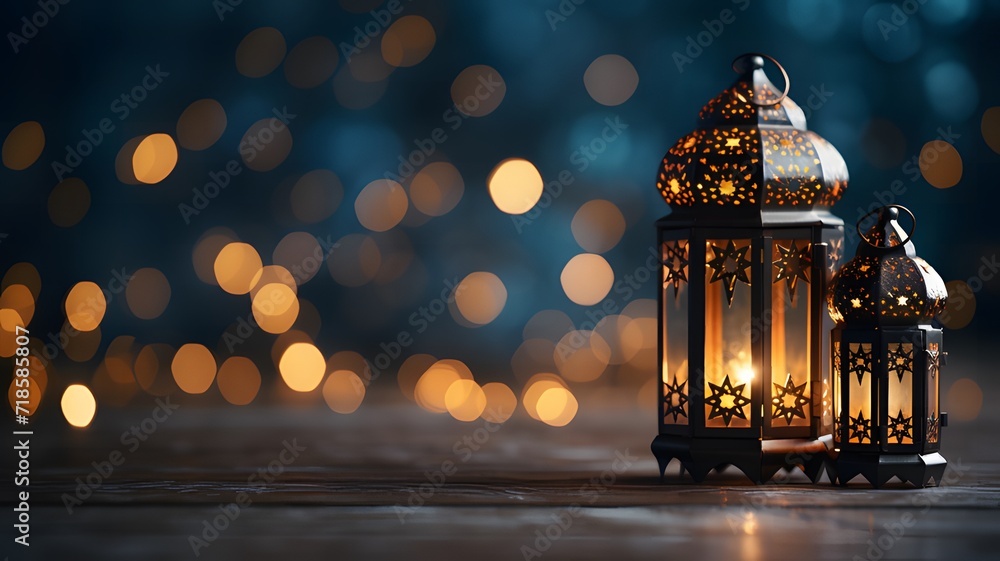 Elegant lanterns with Arabic patterns, against a starry night ...