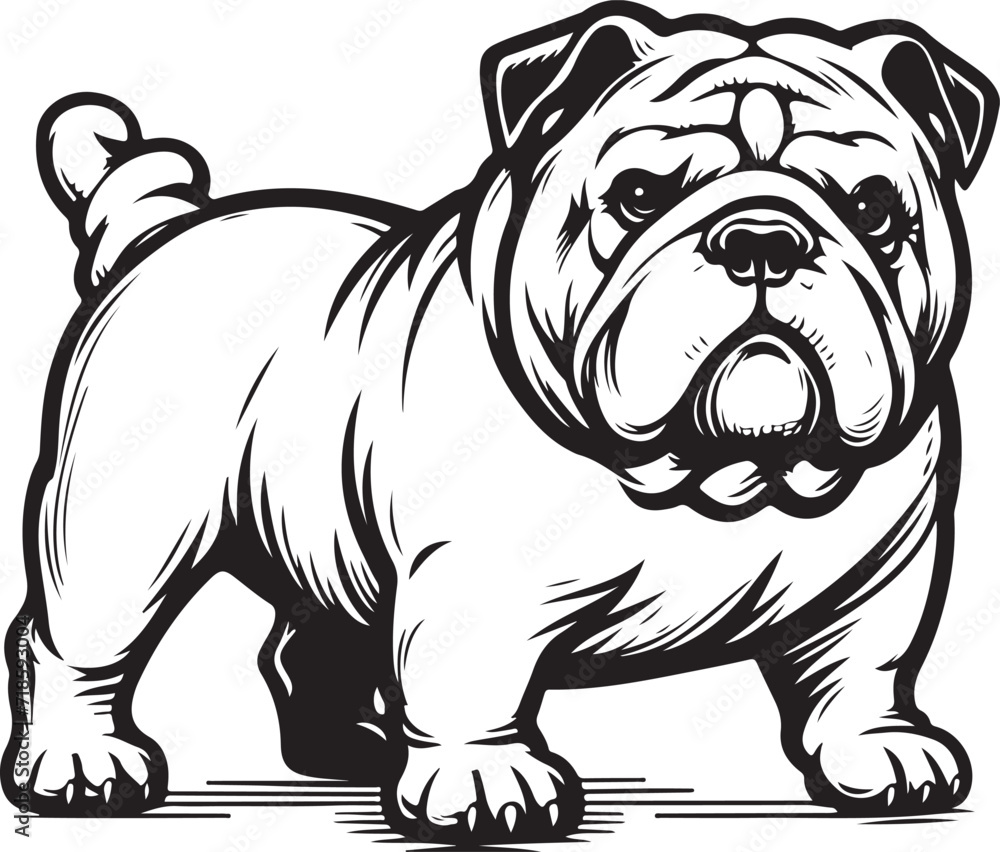bulldog full body as a line art illustration, cartoon outline white ...
