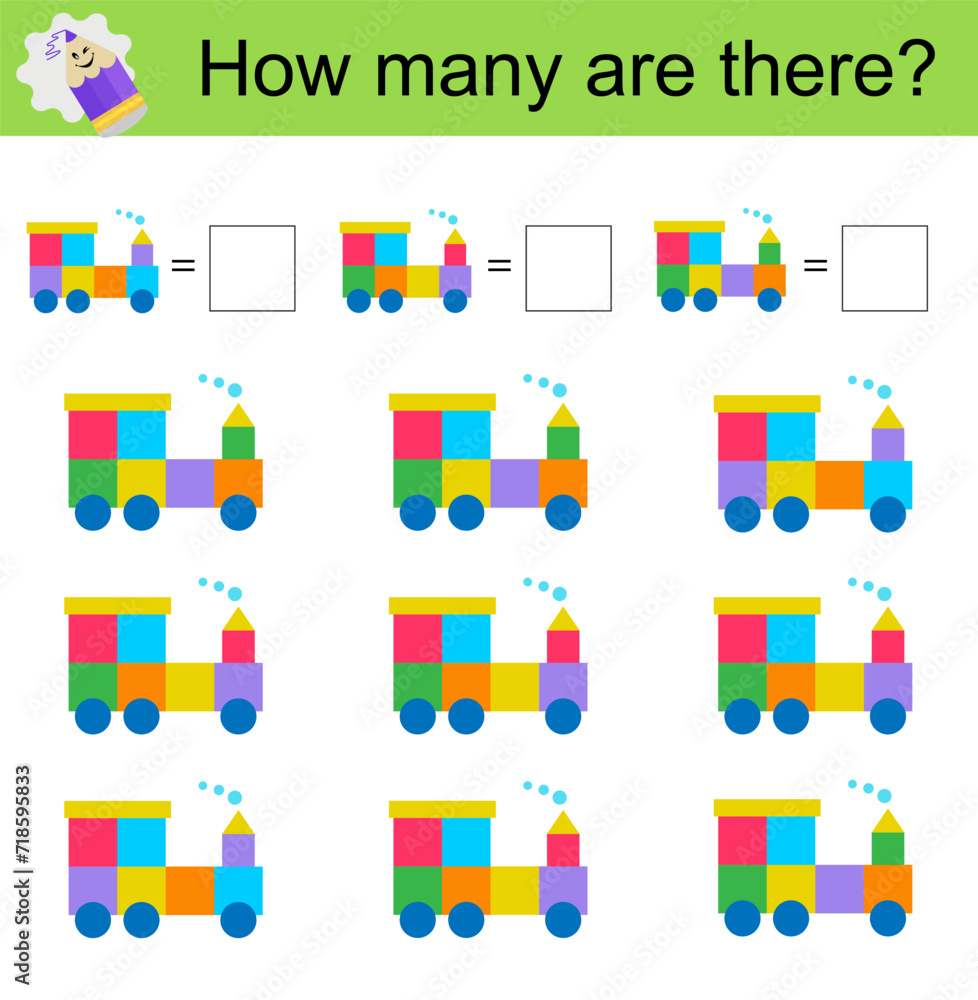 Math activity for kids. Developing numeracy skills. Cartoon locomotive ...
