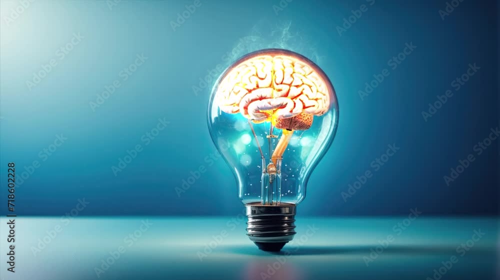 Illustration of a light bulb incorporating a radiant brain, symbolizing ...