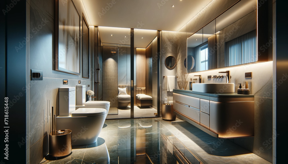 photorealistic image of a luxury modern design bathroom and toilet. The ...