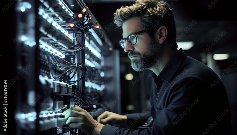 professional engineer fixing a communication problem on a server rack ...