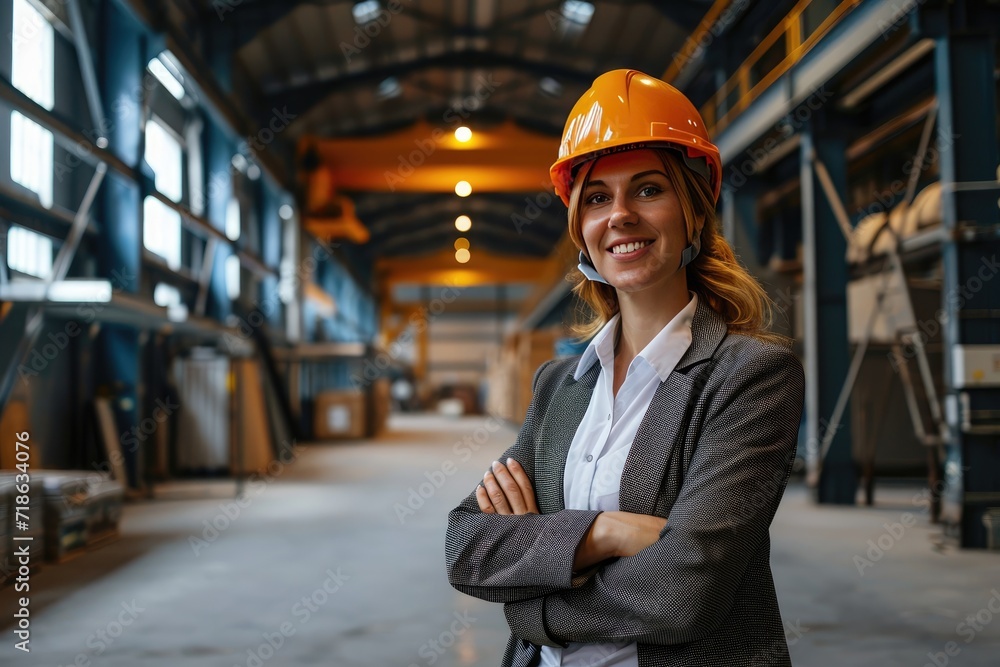 A smiling 40-year-old female boss in formal clothes at a modern factory ...