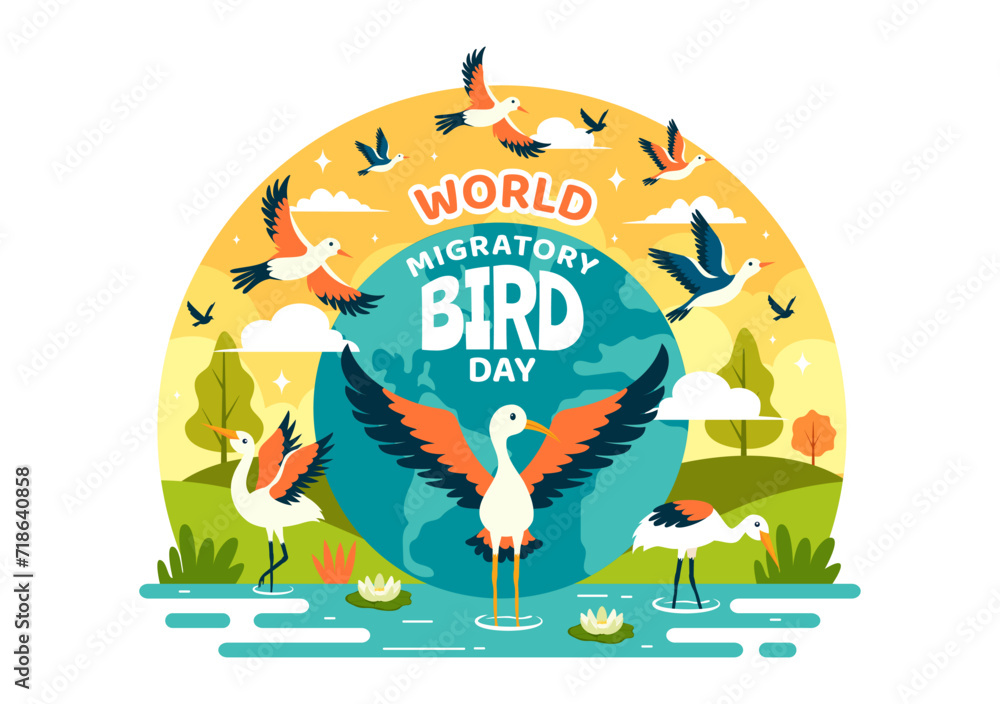 World Migratory Bird Day Vector Illustration with Birds Migrations ...