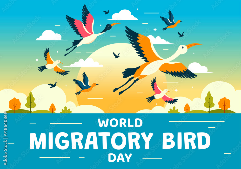 World Migratory Bird Day Vector Illustration with Birds Migrations ...
