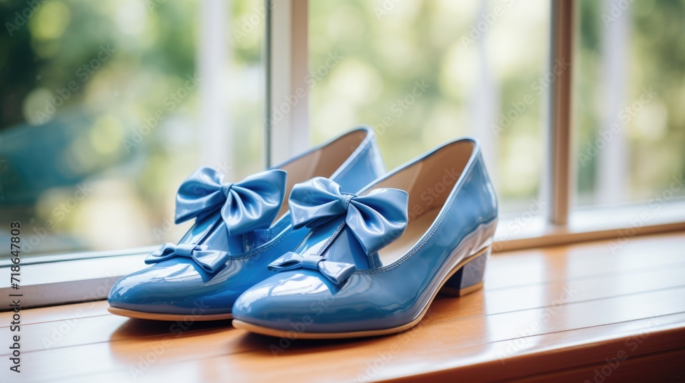 Blue boots with bows. The trend for bows in 2024. Shoes with bows Stock ...