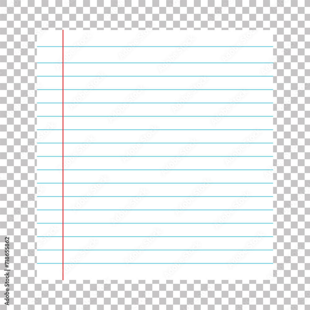 Ruled sheet of notebook paper placed on transparent background. Vector ...