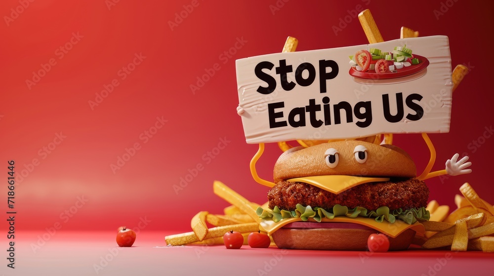 Whimsical plea: cartoon characters, fast food holding a sign 'Stop ...
