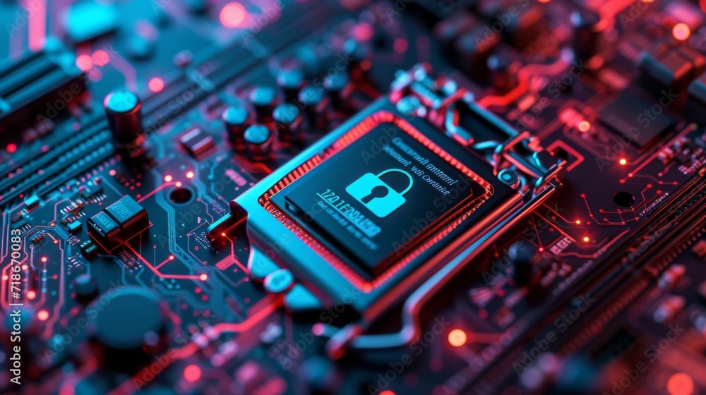 cybersecurity concept with a motherboard closeup, featuring a safety lock and glowing digital ...