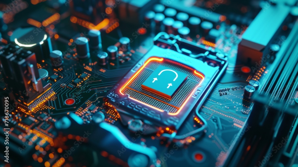 cybersecurity concept with a motherboard closeup, featuring a safety ...
