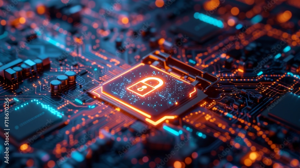 cybersecurity concept with a motherboard closeup, featuring a safety ...