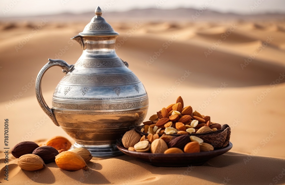 Silver Arabic Jug With Glass, Dry Fruits On Plate Against Sand Dune ...