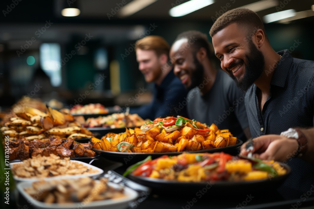 Office potluck event where coworkers of different backgrounds showcase ...