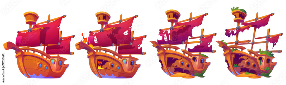 Wrecked wooden ship animation set isolated on white background. Vector ...