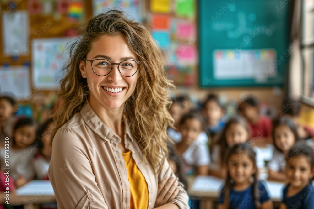 Smiling female teacher looking at camera in class, students studying ...