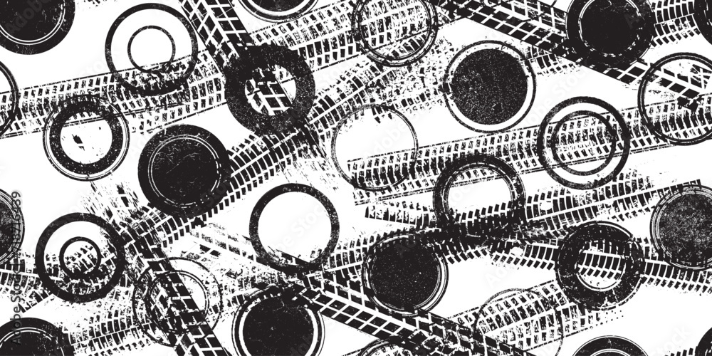 Vektorová grafika „Tire track seamless and stamps pattern. Grange tread ...