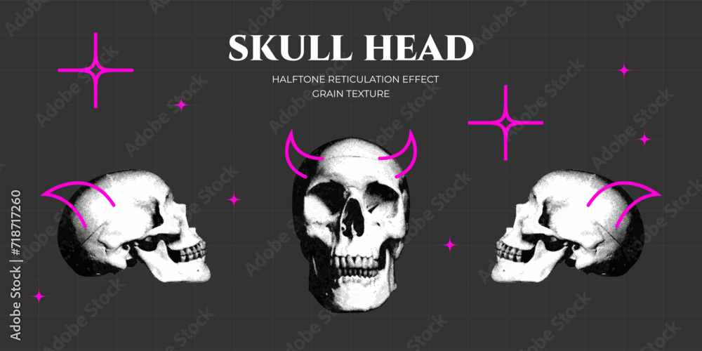 Poster Human Skull Head halftone reticulation effect with grain texture ...