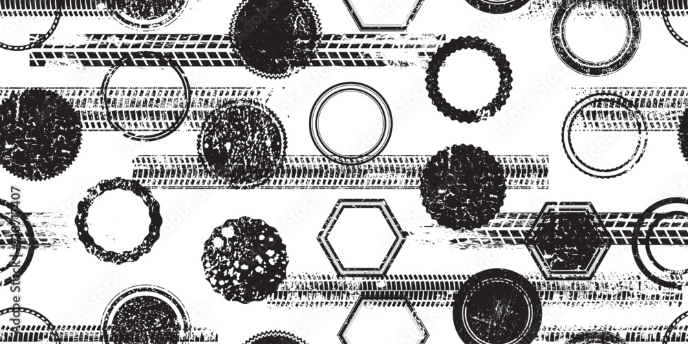 Tire track seamless and stamps pattern. Grange tread marks .Grunge ...