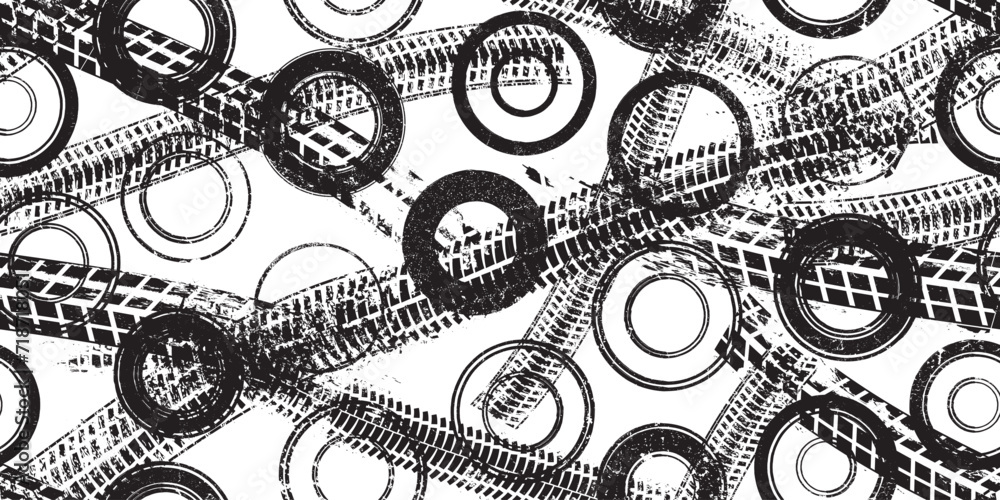 Tire track seamless and stamps pattern. Grange tread marks .Grunge ...