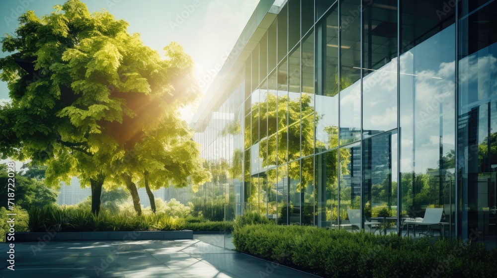 Eco-friendly green office building, modern style, sustainable glass ...