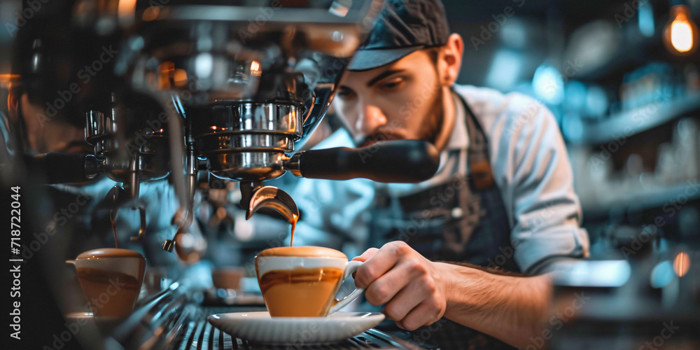 Barista carefully preparing espresso shots. Close-up of coffee ...