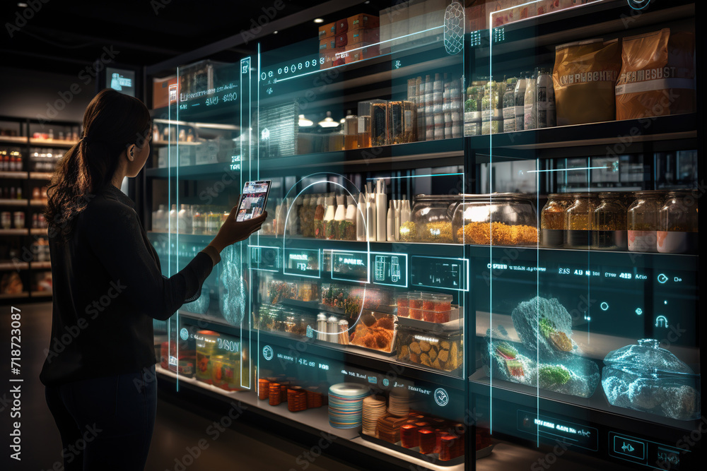 A technologically savvy shopper uses her smartphone to scan items and ...