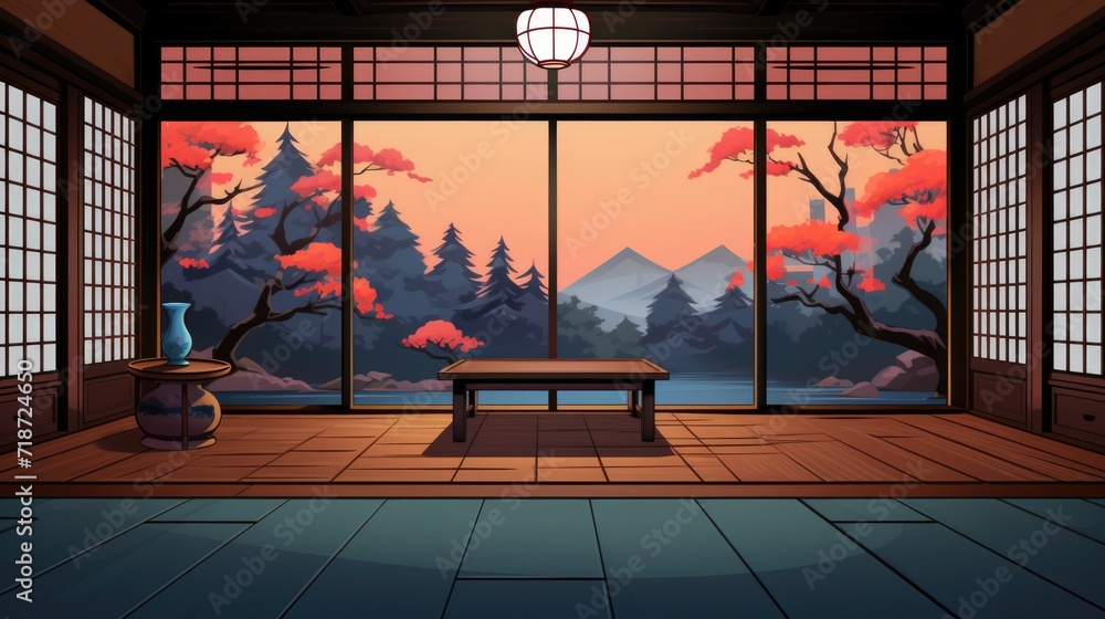 Japanese home tearoom interior illustration in cartoon style. Bright ...