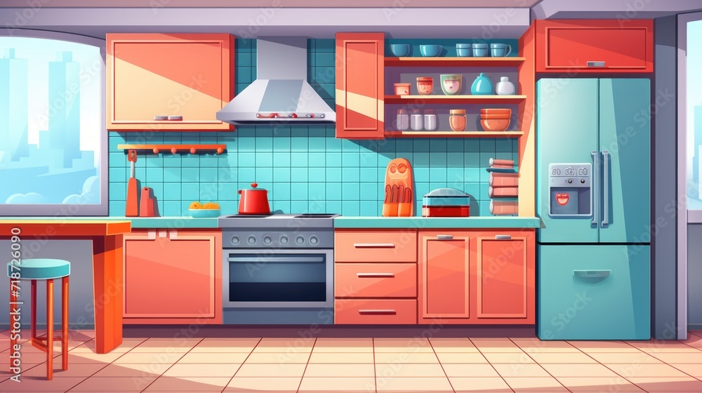 Modern kitchen interior illustration in cartoon style. Bright colors ...