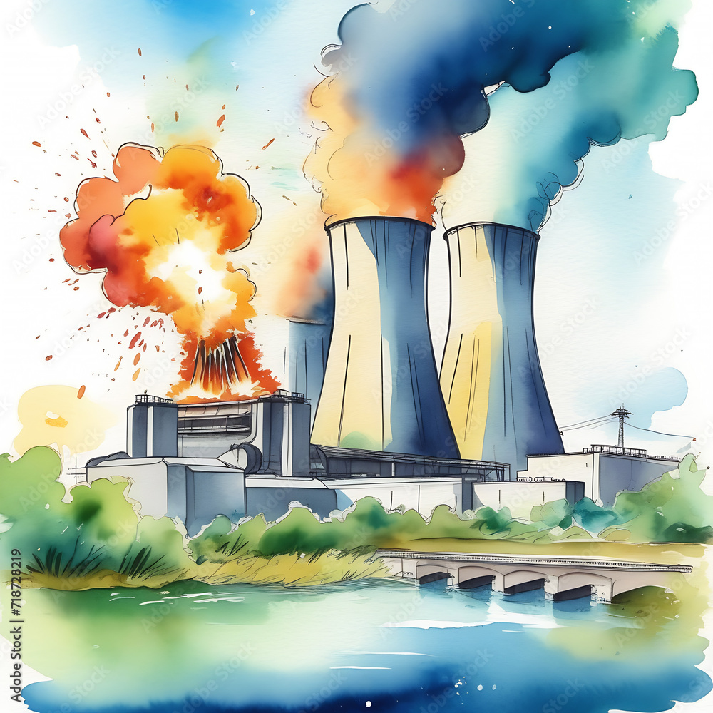 Watercolor illustration of nuclear power station explosion. Explode ...
