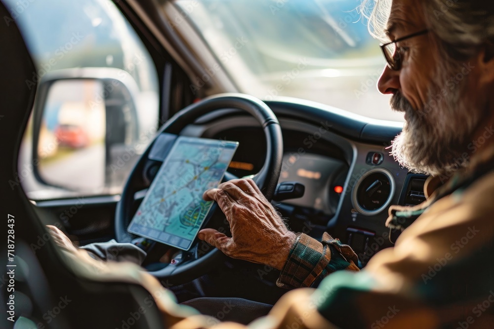 Older man sitting in camper van using gps navigation map system digital ...