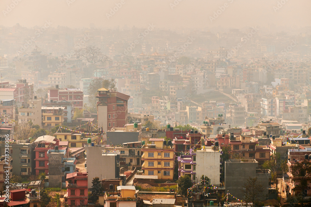 View of Kathmandu capital of Nepal from mountain through urban haze ...