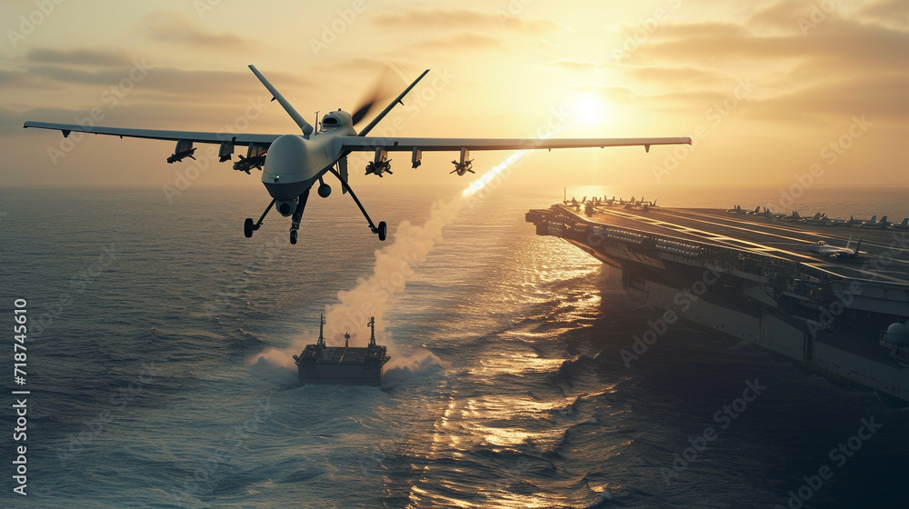 A drone with a mounted missile flies over an aircraft carrier. Modern ...