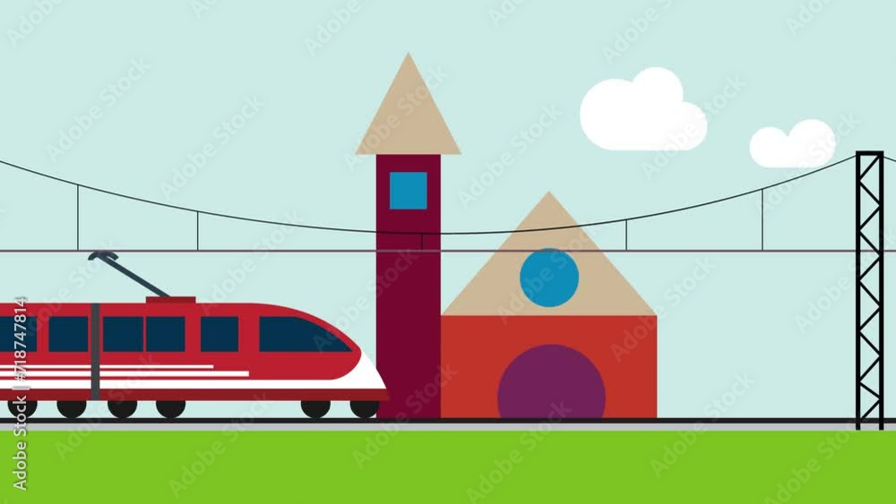 Train, animated illustration. Cartoon 2D animation. Houses and cities ...