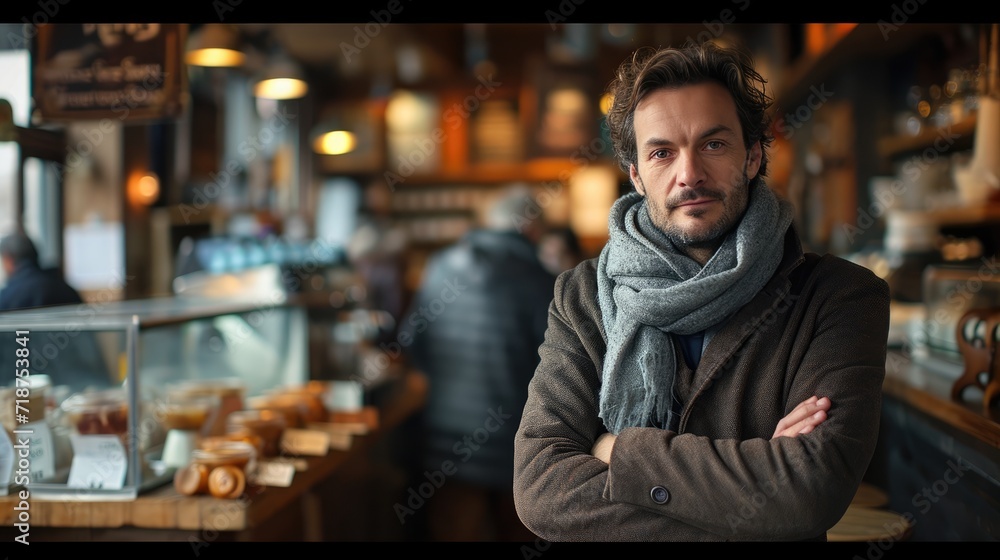 Cafe entrepreneur male smiling happy working in modern coffee shop ...