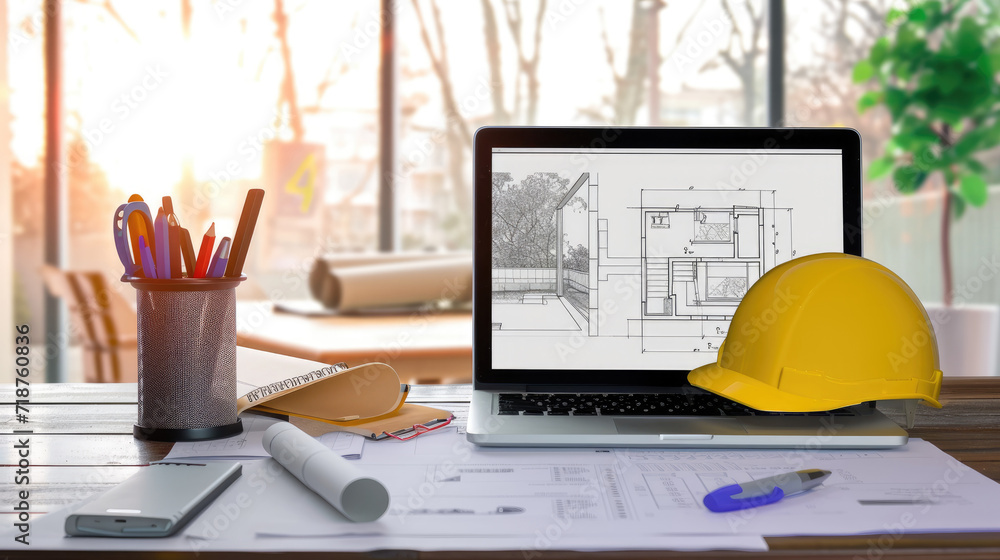 Digital blueprint by architecture design software on laptop screen with ...