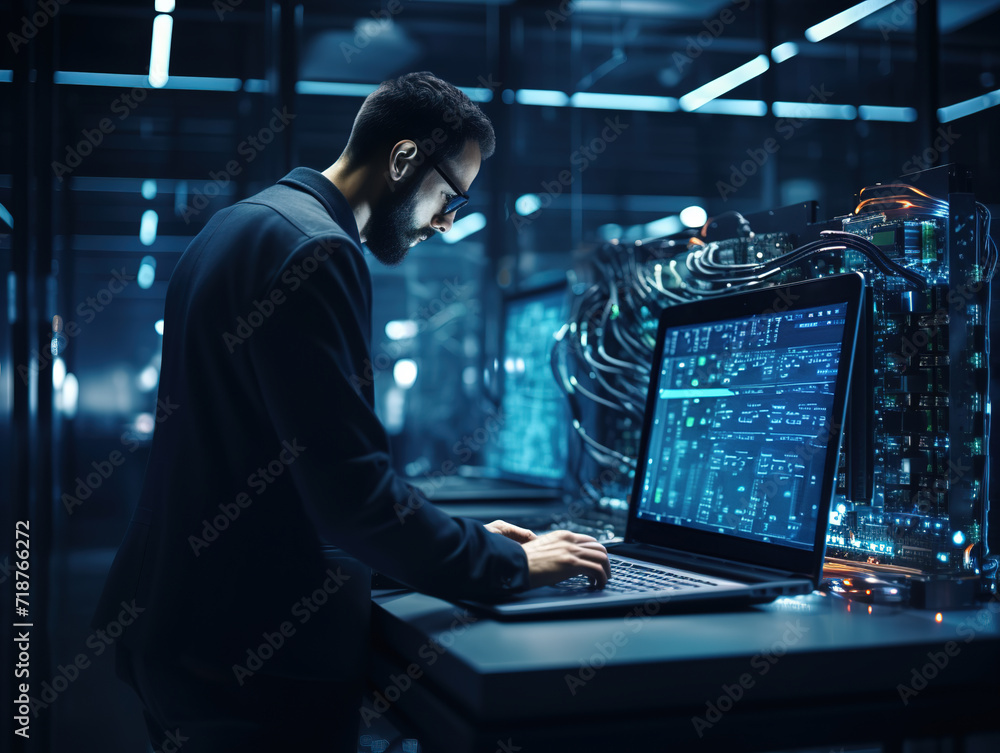 Successful data center IT specialist using laptop computer. Server farm cloud computing facility ...