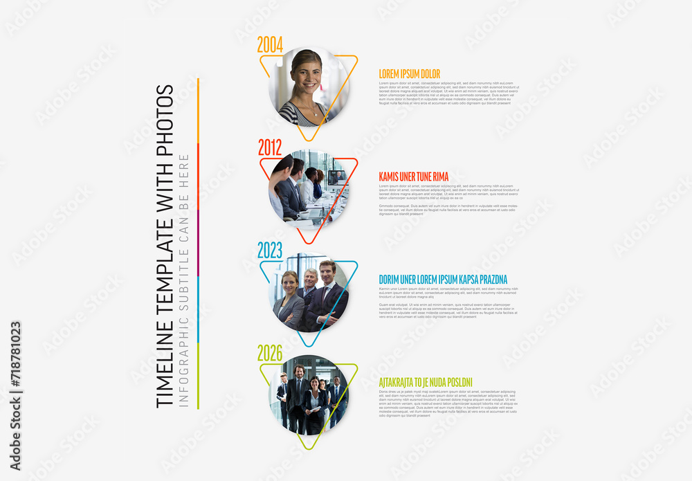 Vertical timeline template with photos in circle frames and triangle ...