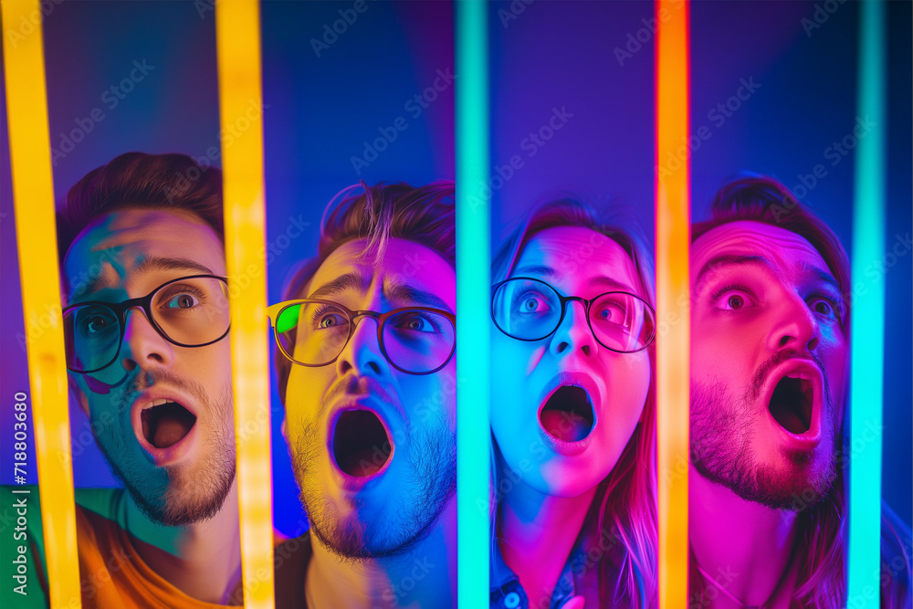 Smiling, shocked, scared - a collage of portraits of young emotional ...